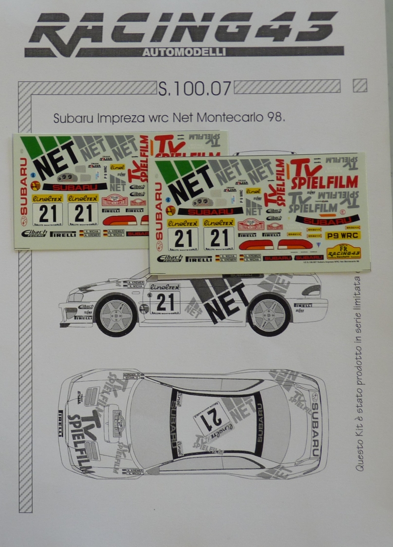 S07 SUBARU IMPREZA WRC - NET - KREMER - RALLY MONTECARLO 1998 - Decals ...